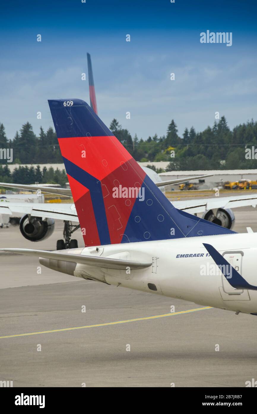 SEATTLE TACOMA AIRPORT, WA, USA - JUNE 2018: Tail fin of a Delta ...