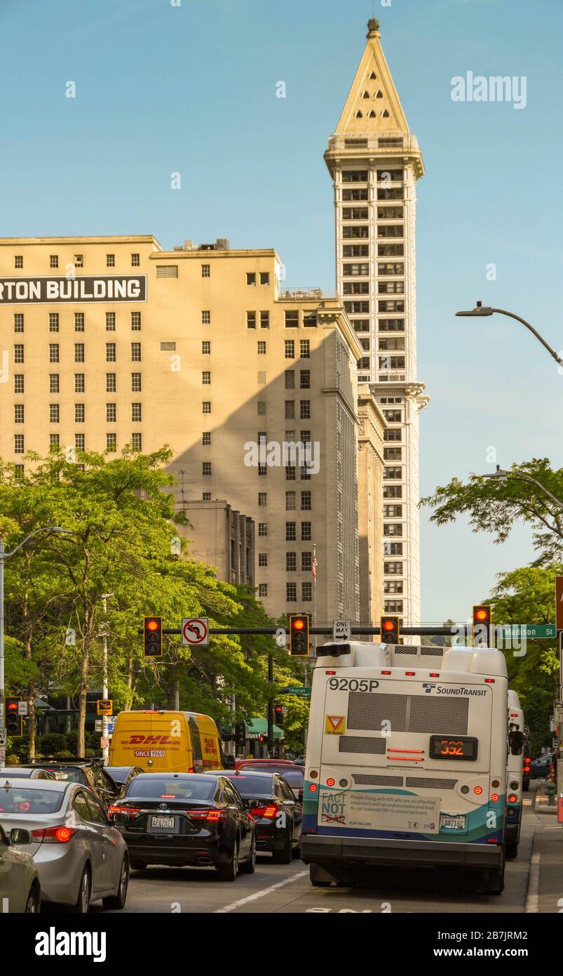 SEATTLE, WA, USA, - JUNE 2018: Traffic on a street in downtown Seattle ...