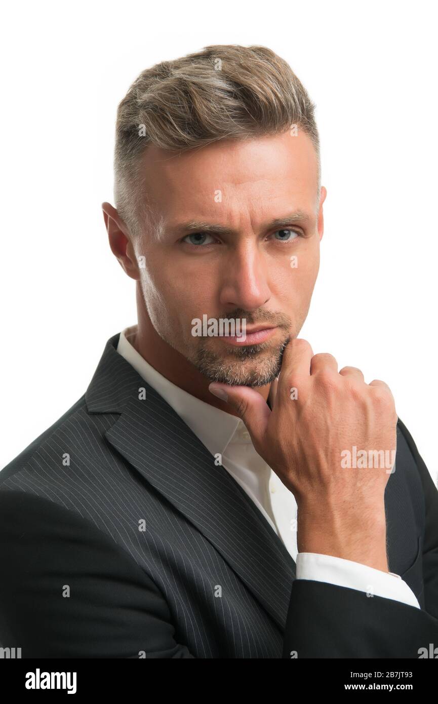 Go to barber. Serious man touch beard hair. Handsome bachelor with ...