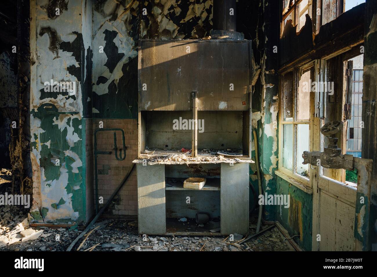 Burnt interiors of chemical laboratory after fire Stock Photo - Alamy
