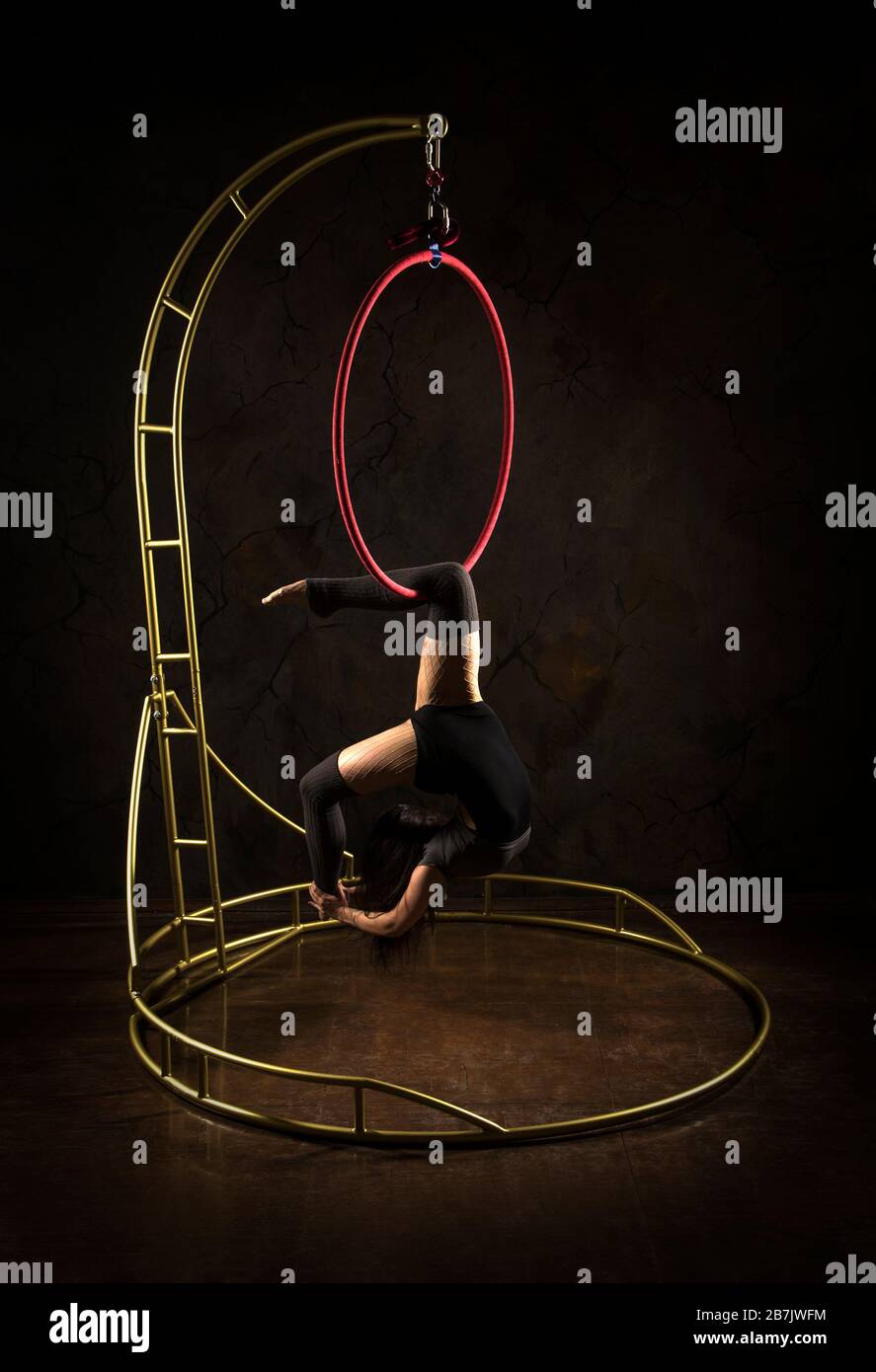 Gorgeous woman, aerial acrobat, in a dark suit performs acrobatic ...