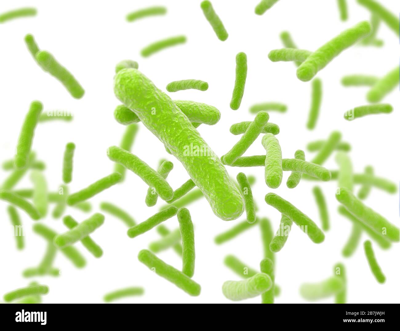 Green bacteria cells flowing isolated on white background. 3d ...