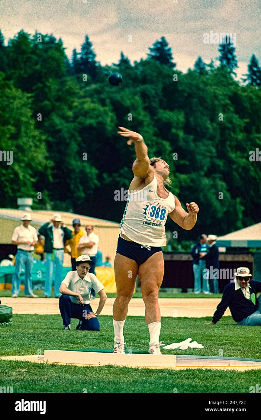Al Feuerbach (USA) gold medal winner competing in the shot put at the ...