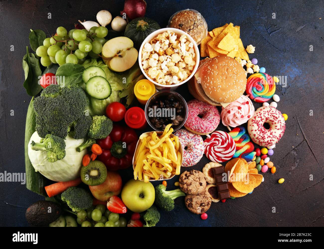 healthy or unhealthy food. Concept photo of healthy and unhealthy food ...