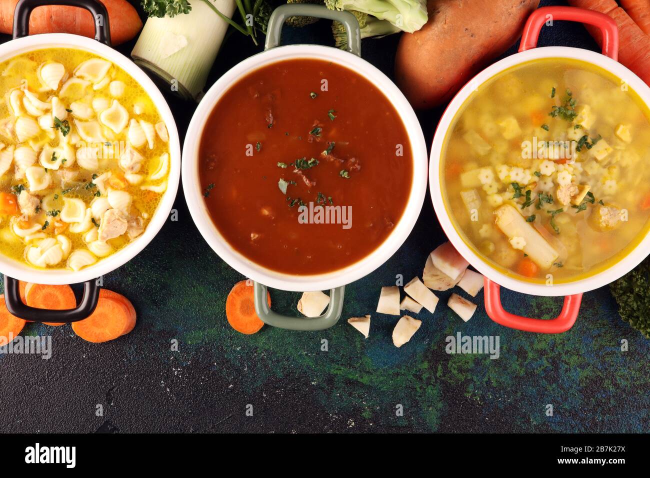 Set of three soups from worldwide cuisines, healthy food. Broth with ...