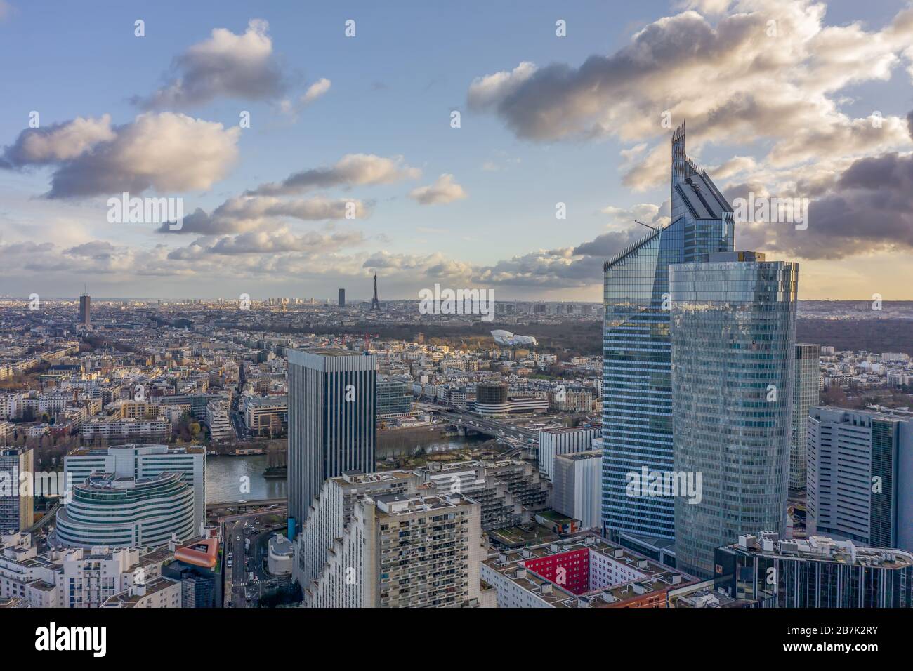 Aerial drone shot of Levallois Paris with Eiffel Tower Hyatt Regency ...