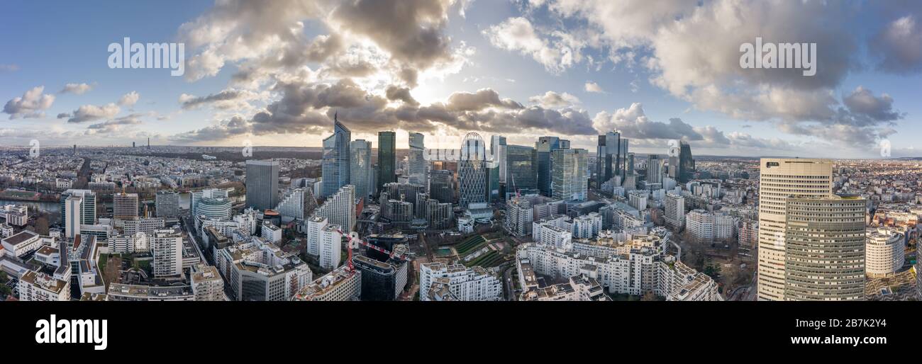 Paris, France - December 09, 2019: Aerial panoramic drone shot of La ...