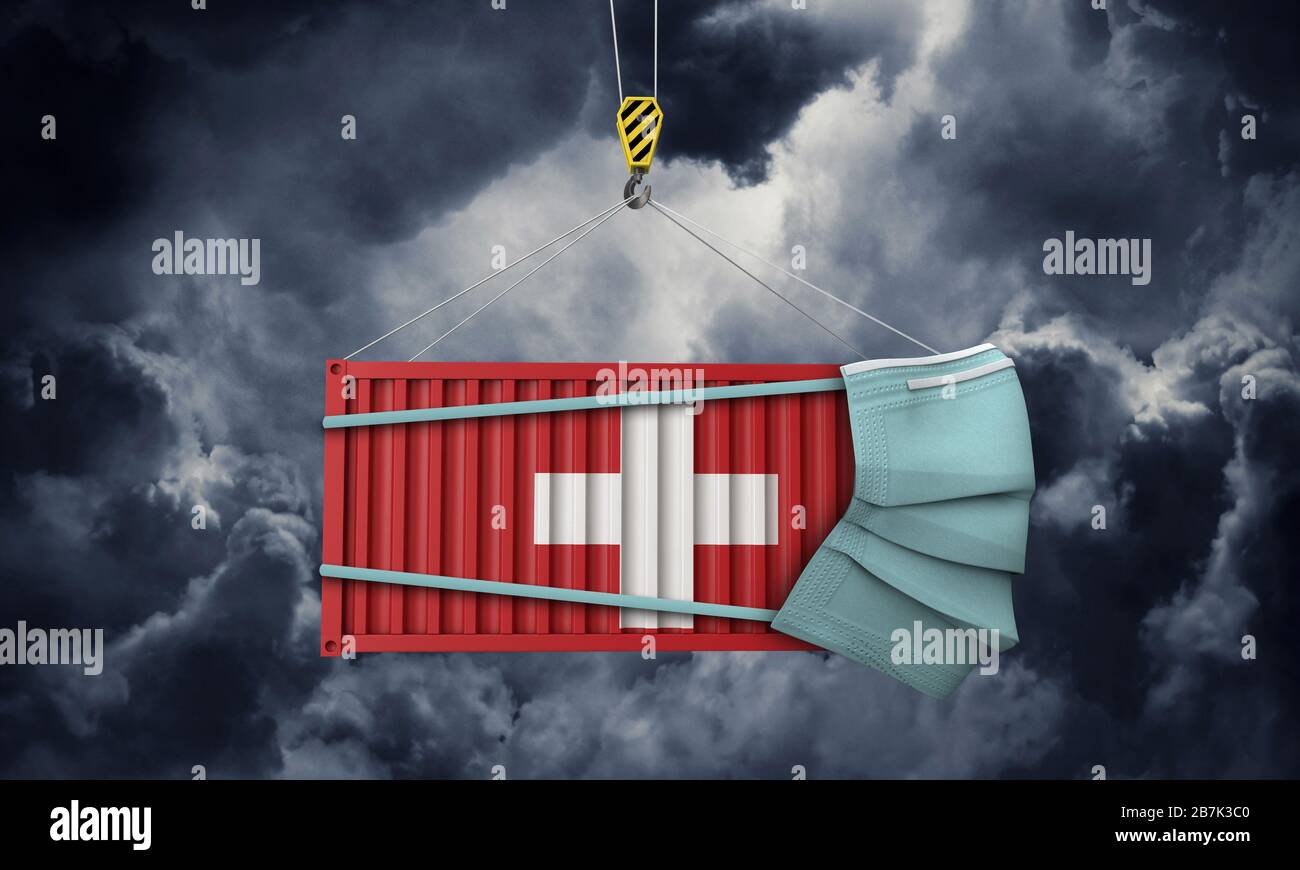 Switzerland shipping container with medical mask. Virus trade.. 3D ...