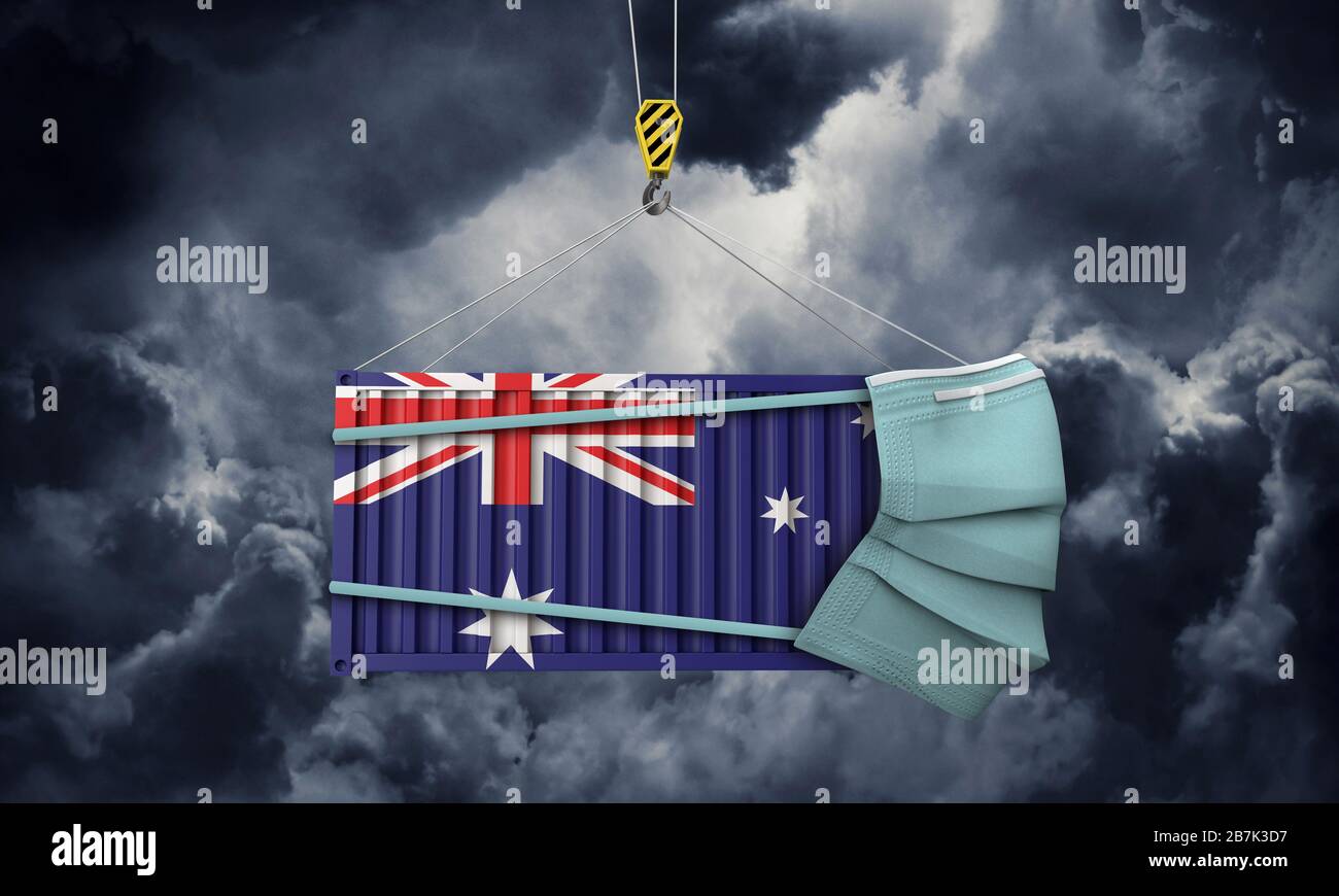 Australia shipping container with medical mask. Virus trade.. 3D Render ...