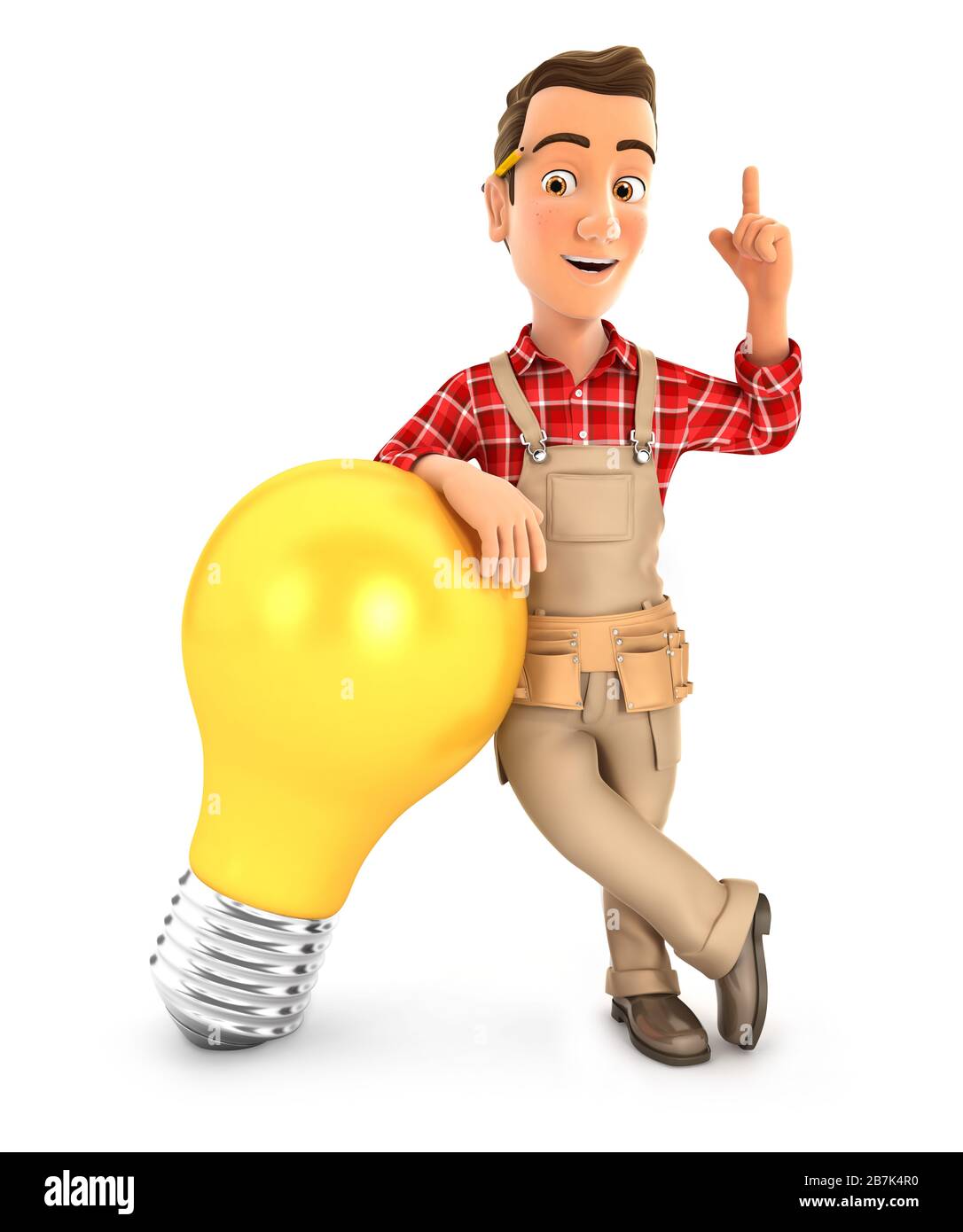 3d handyman leaning against light bulb, illustration with isolated ...