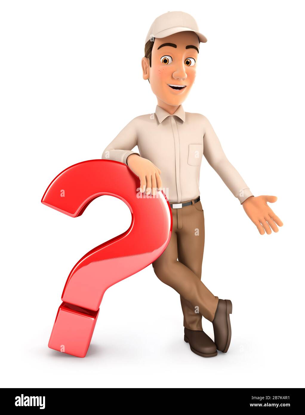 3d delivery man leaning against question mark, illustration with ...