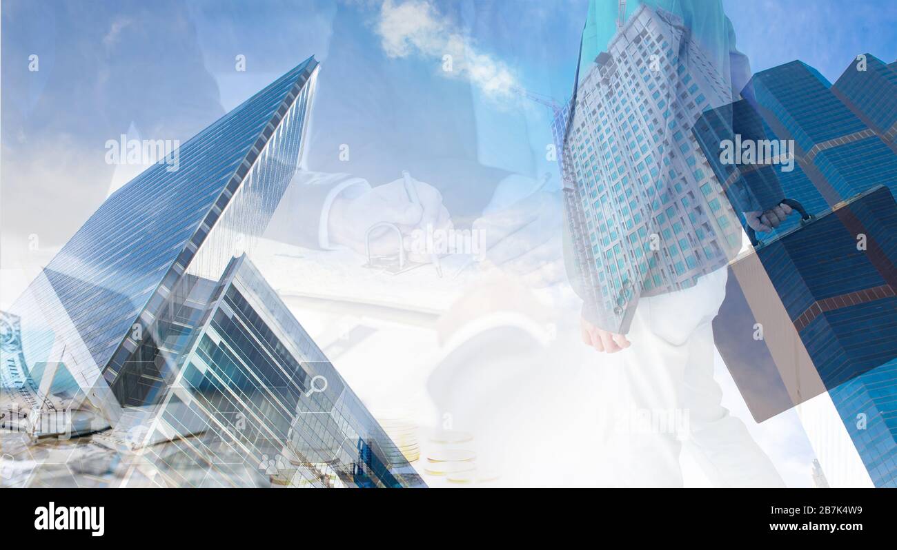 Business background with businessman and city building Stock Photo - Alamy