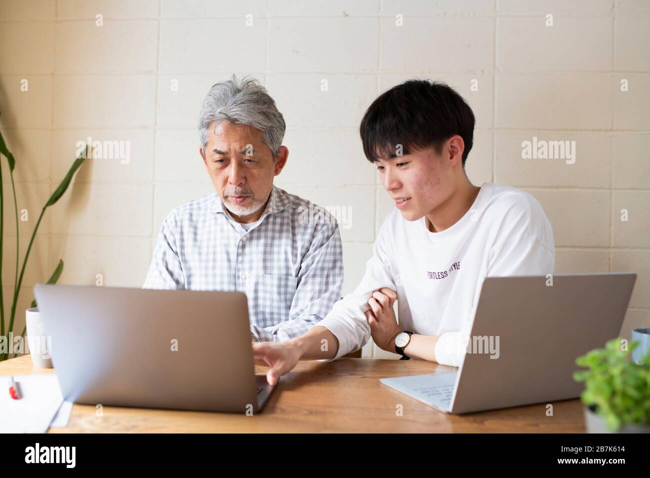 Senior instructed PC by young man Stock Photo - Alamy