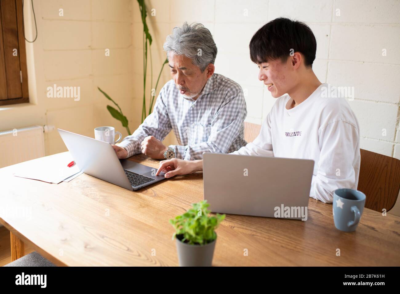 Senior instructed PC by young man Stock Photo - Alamy