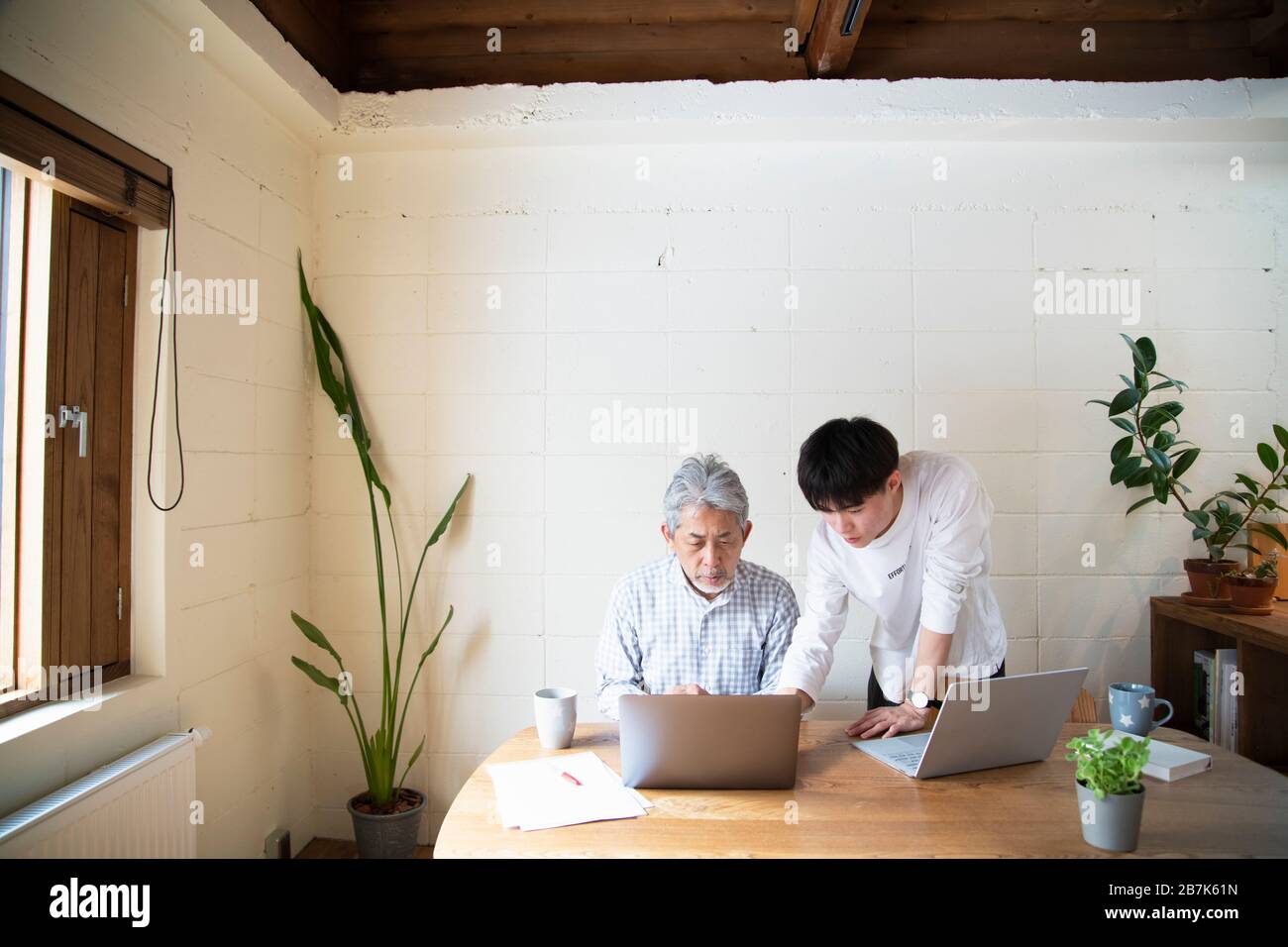 Senior instructed PC by young man Stock Photo - Alamy