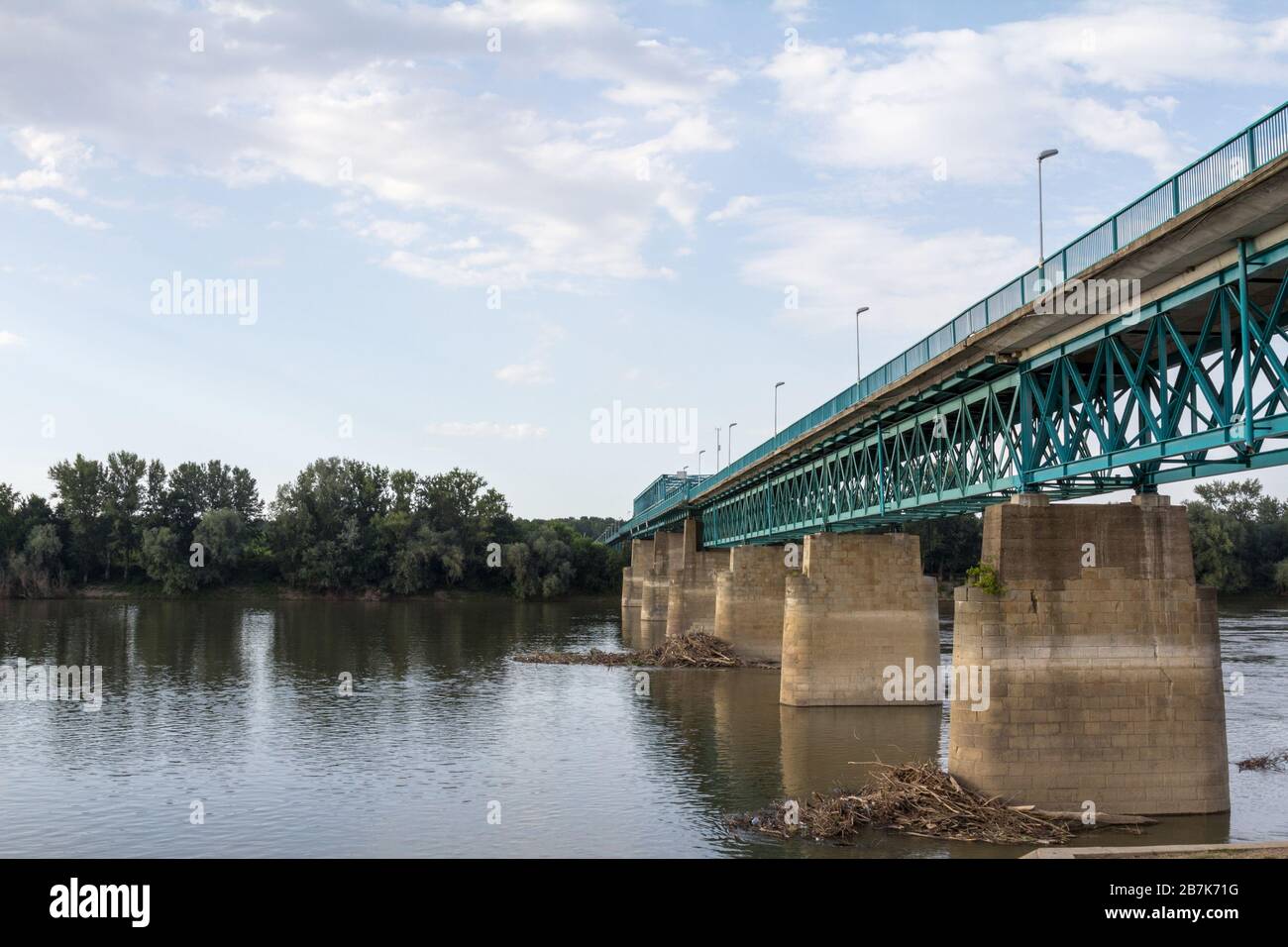 Steel bridge crossing the Sava river between Brcko and Gunja, at the ...