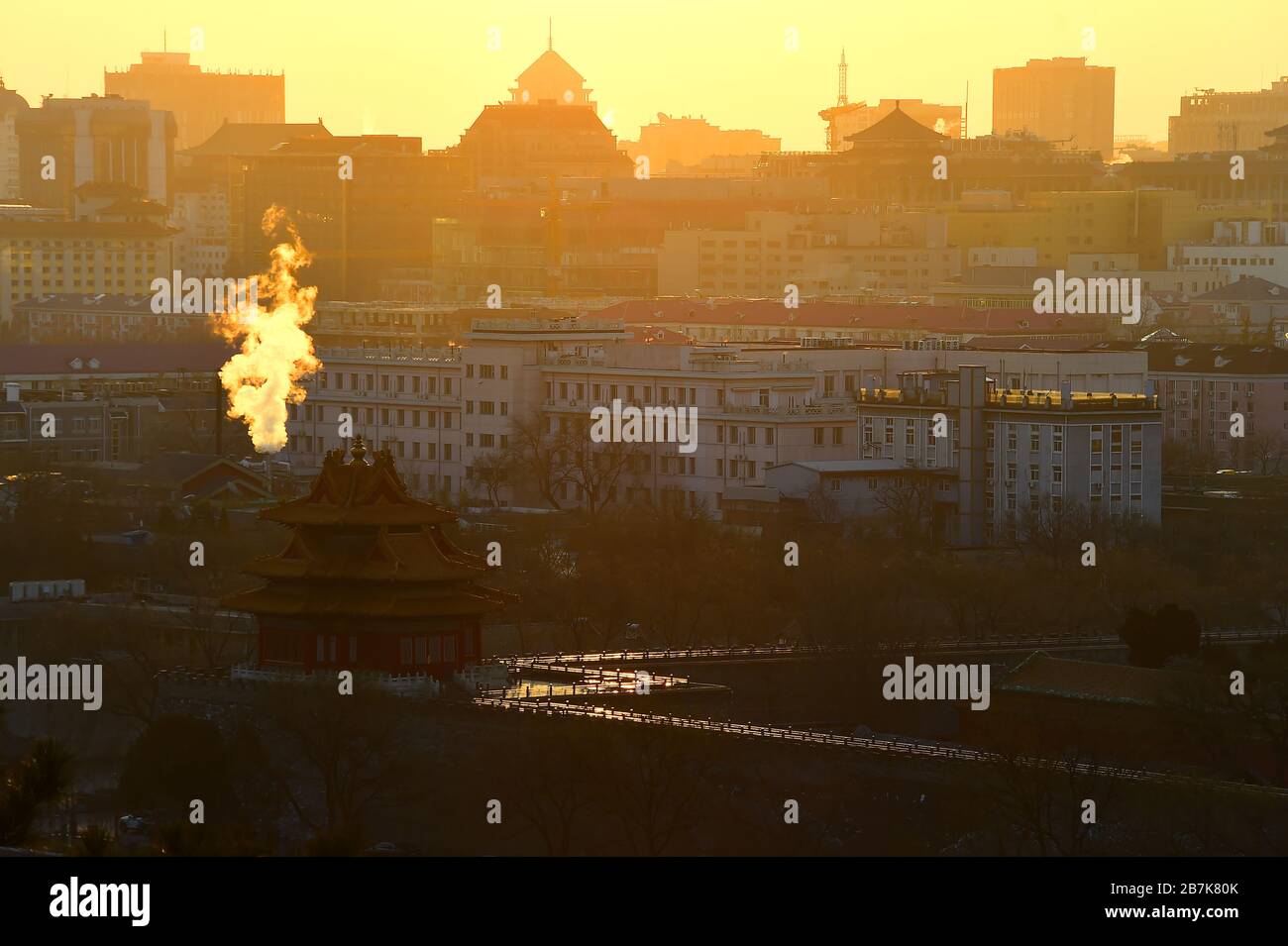 An aerial view of the city with the first sunshine of 2020 as ...