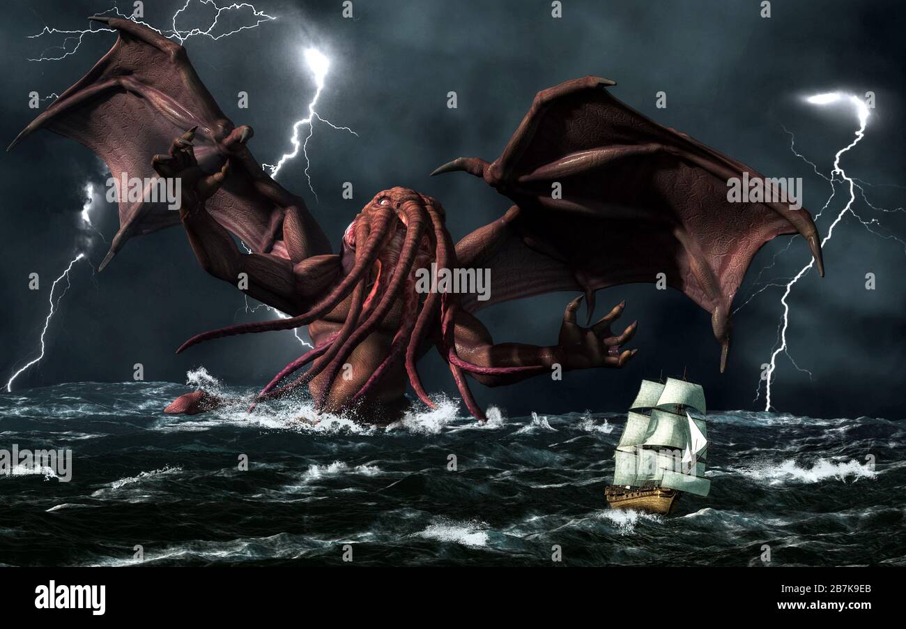 Cthulu rises from the sea to terrorize a ship in a storm Stock Photo ...