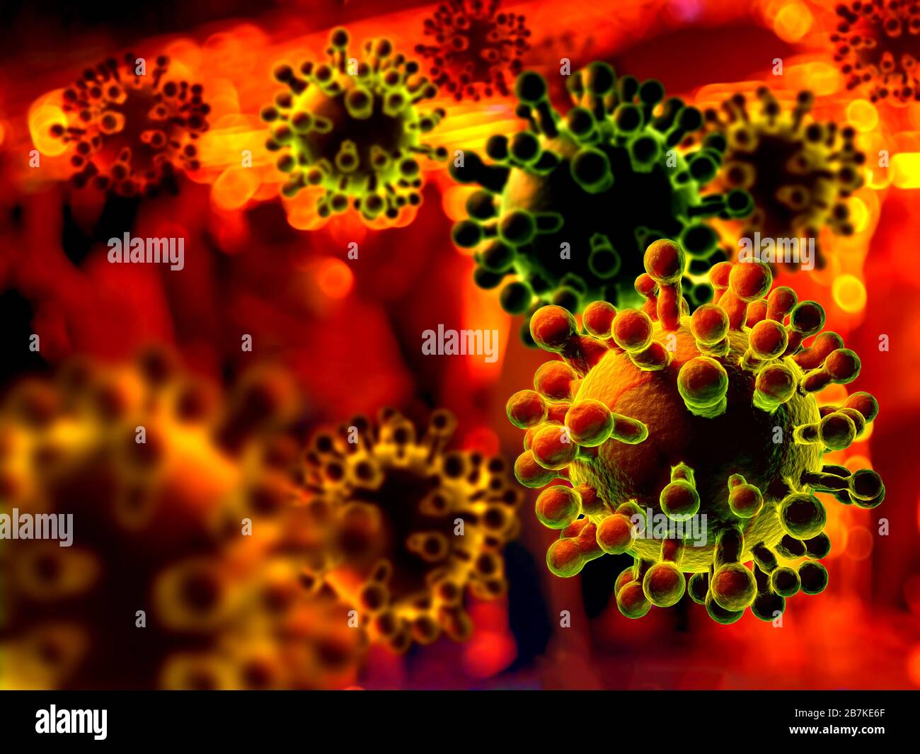 Illustration of corona viruses, covid-19 on red background. Contagion ...