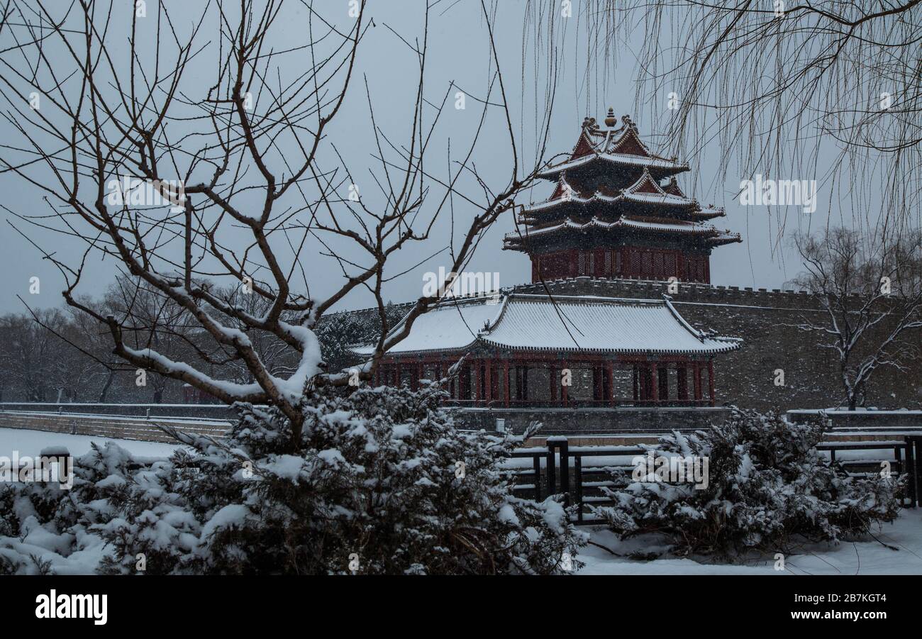 The view of snow covering the Forbidden City, forming a world composed ...