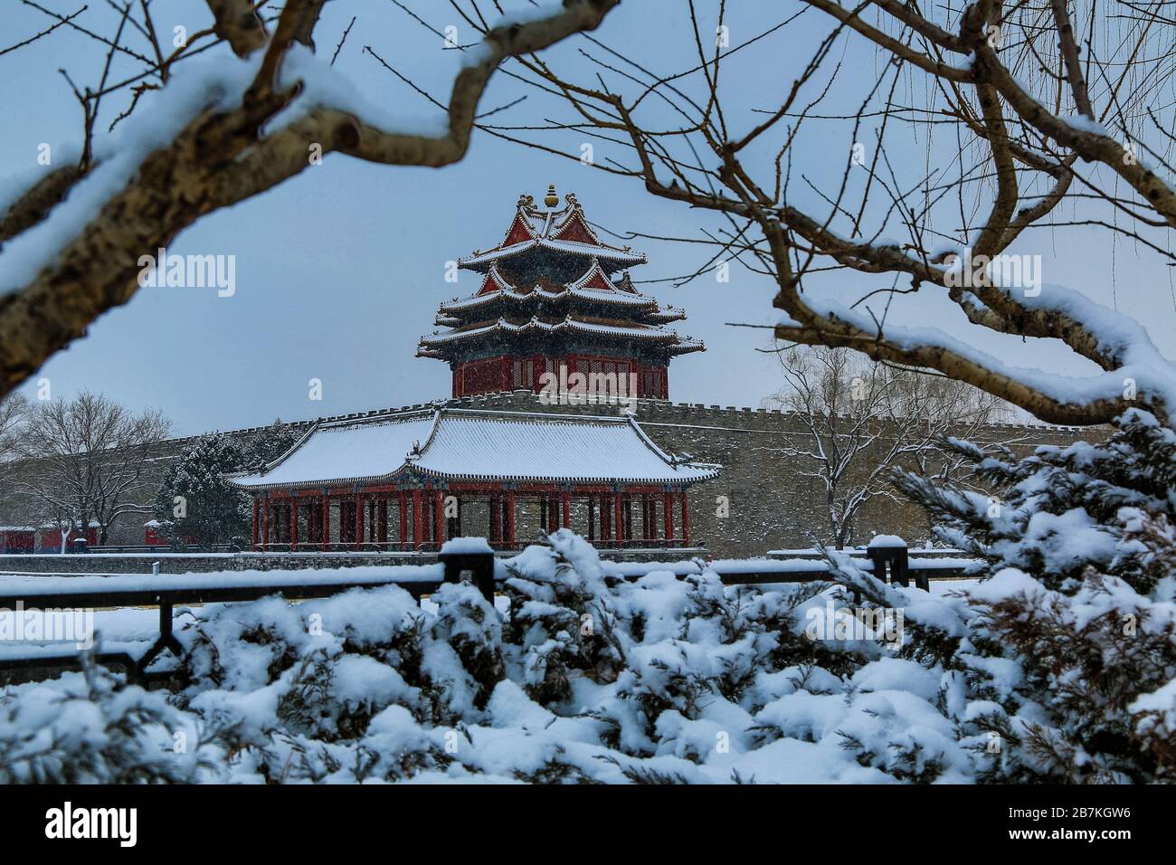The view of snow covering the Forbidden City, forming a world composed ...