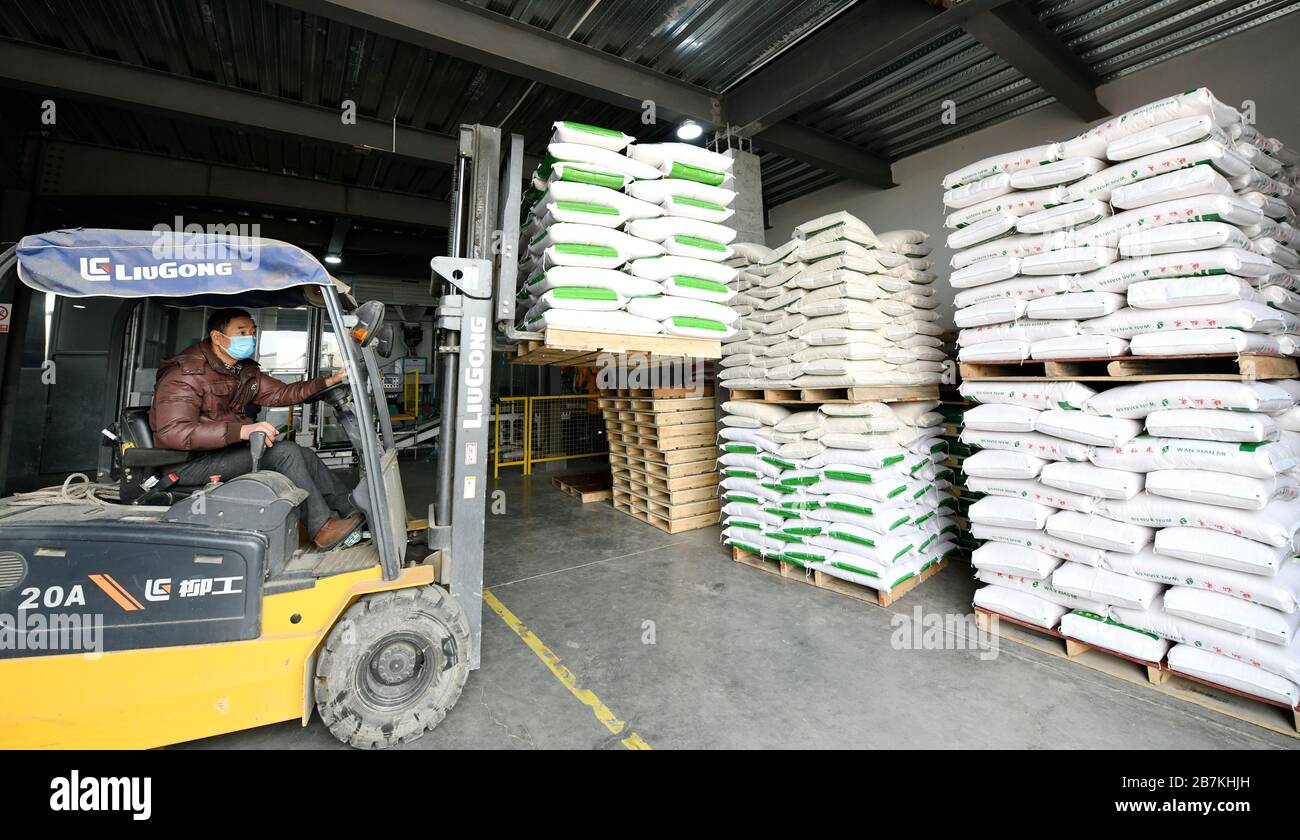 A truck is loading bags of rice to a shelf in Xianju town, Taizhou city ...