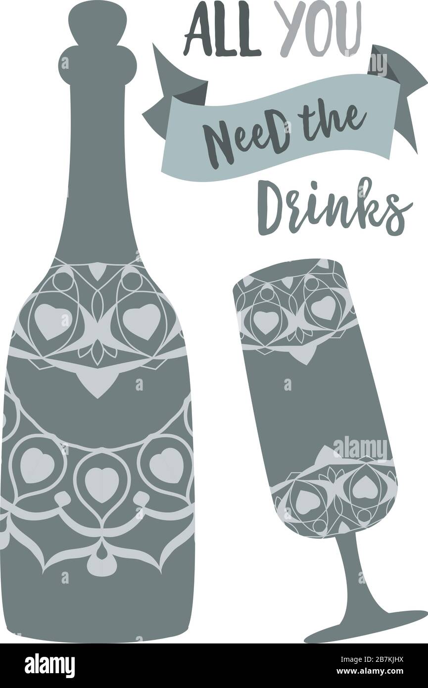 Soft grey color of bottle and glass with modern chinese mandala design ...