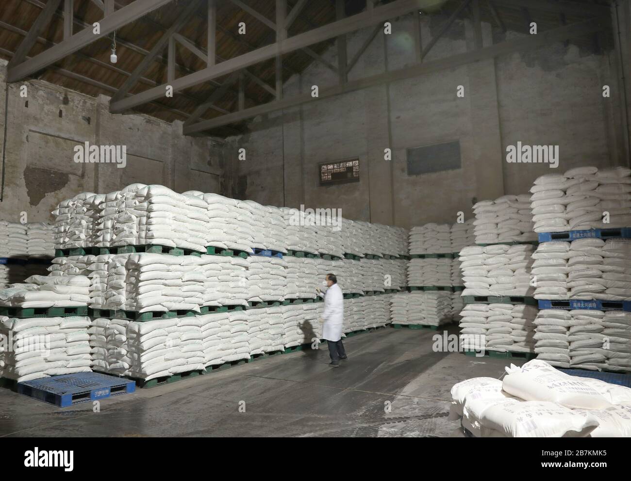 Bags of flour are stored at a warehouse of a flourmill with a long ...