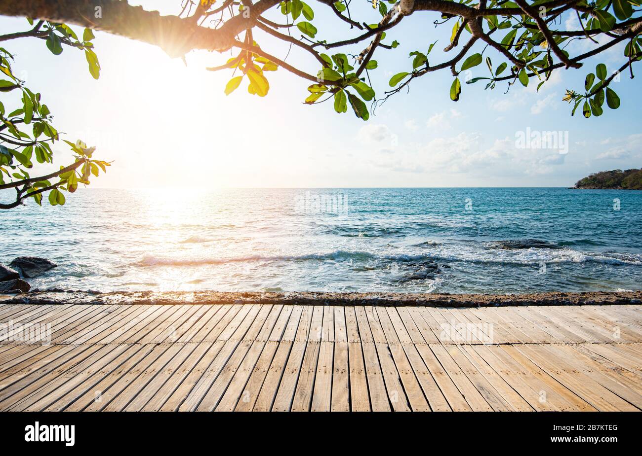 Terrace view sea with empty wooden table top on the beach landscape ...