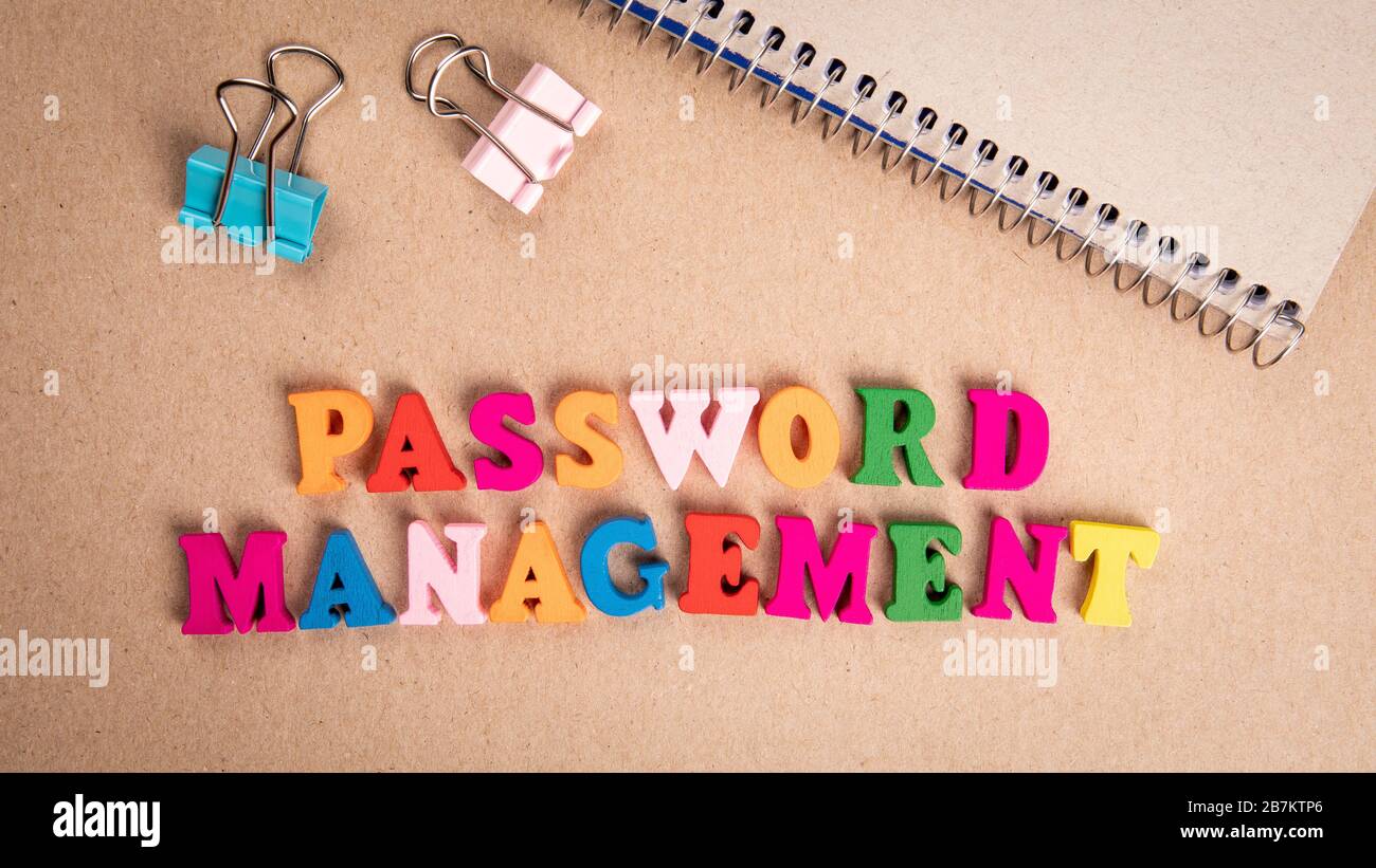 Password Management. Colorful wooden letters on cardboard background ...