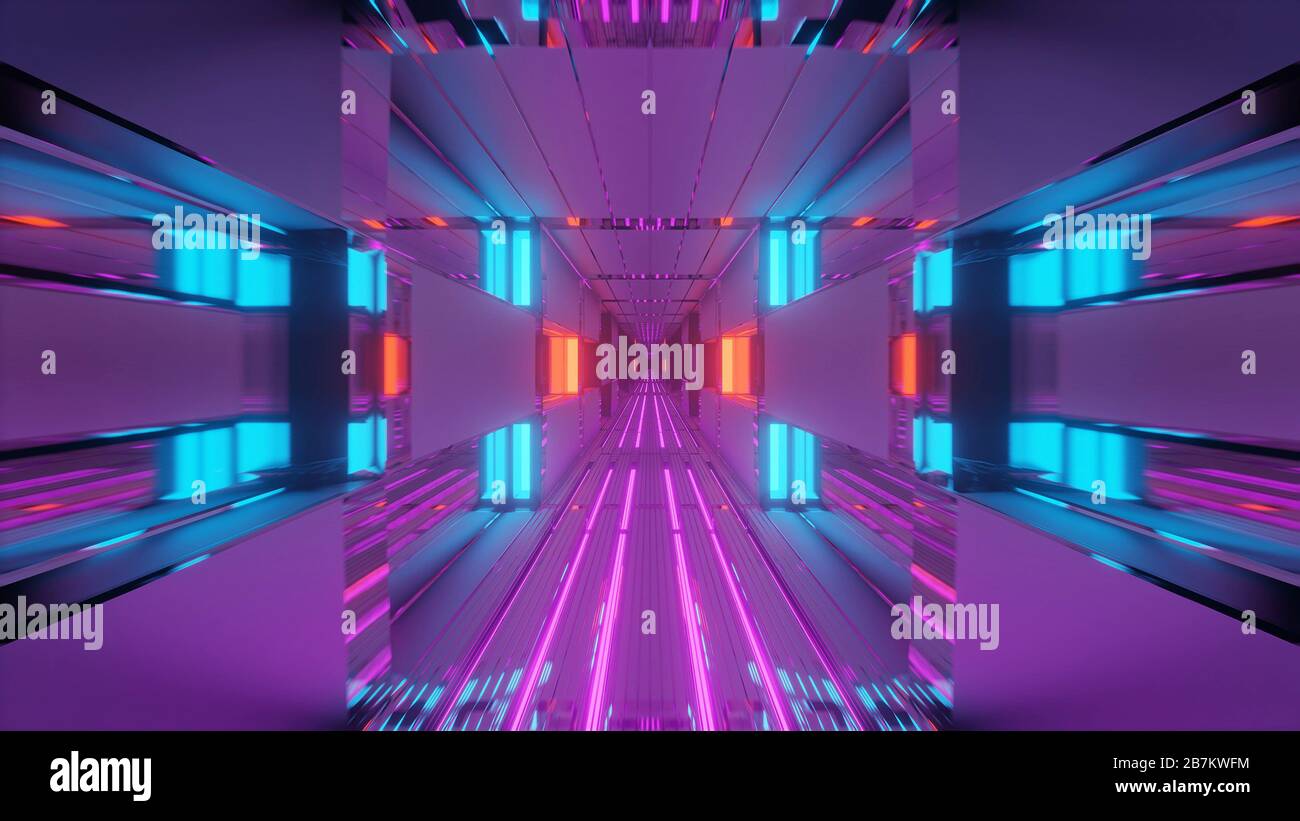 Futuristic tunnel corridor with neon glowing lights, a 3D rendering background wallpaper Stock ...