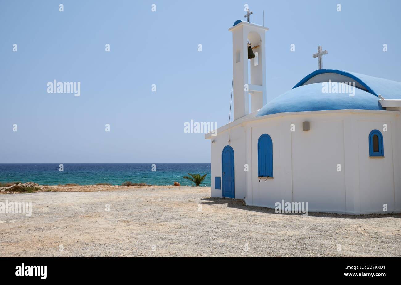 The nice new white and blue church of St. Thekla (Agia Thekla) on the ...