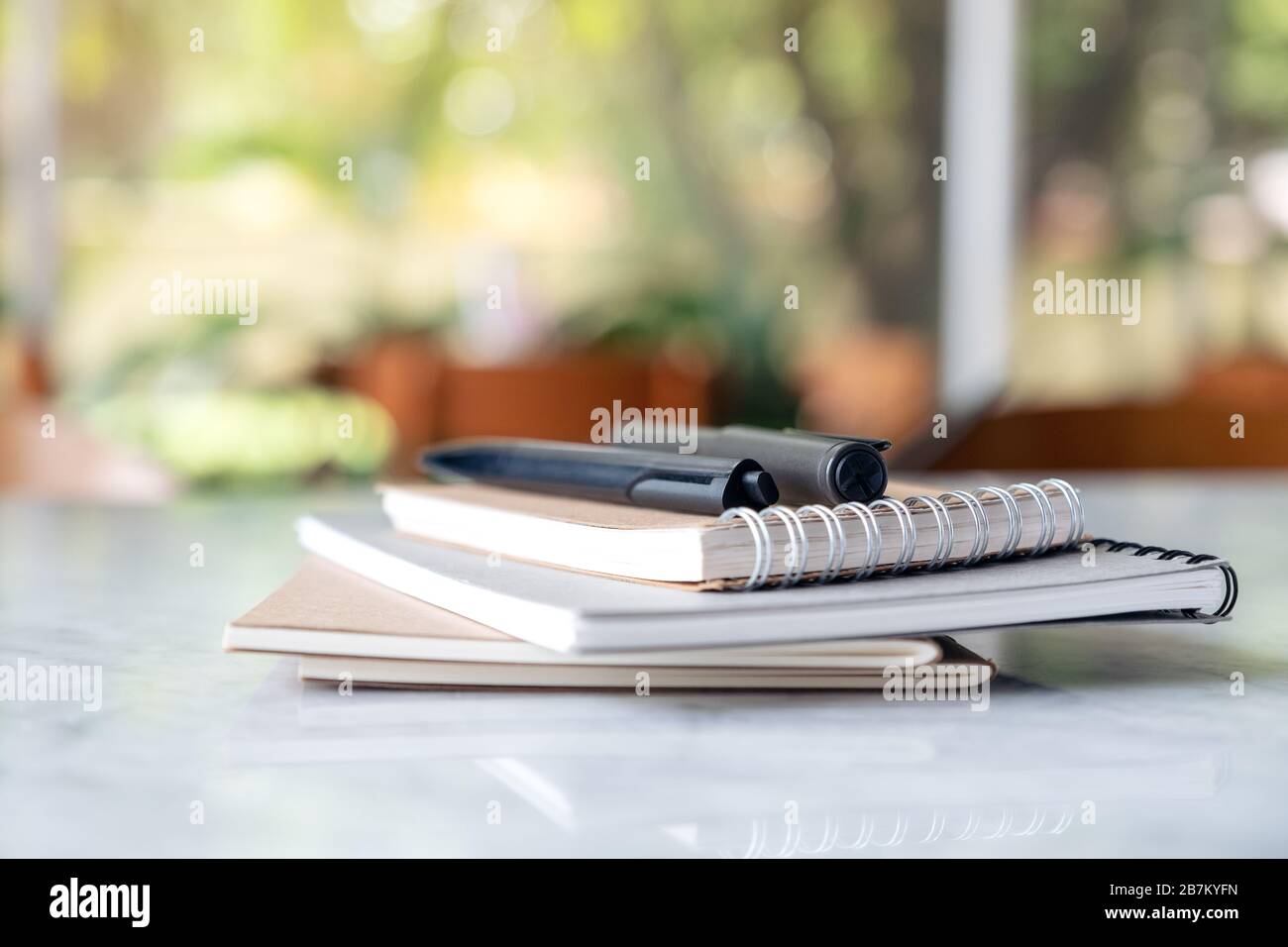 Books and notebooks with pens on the table with blur green nature ...