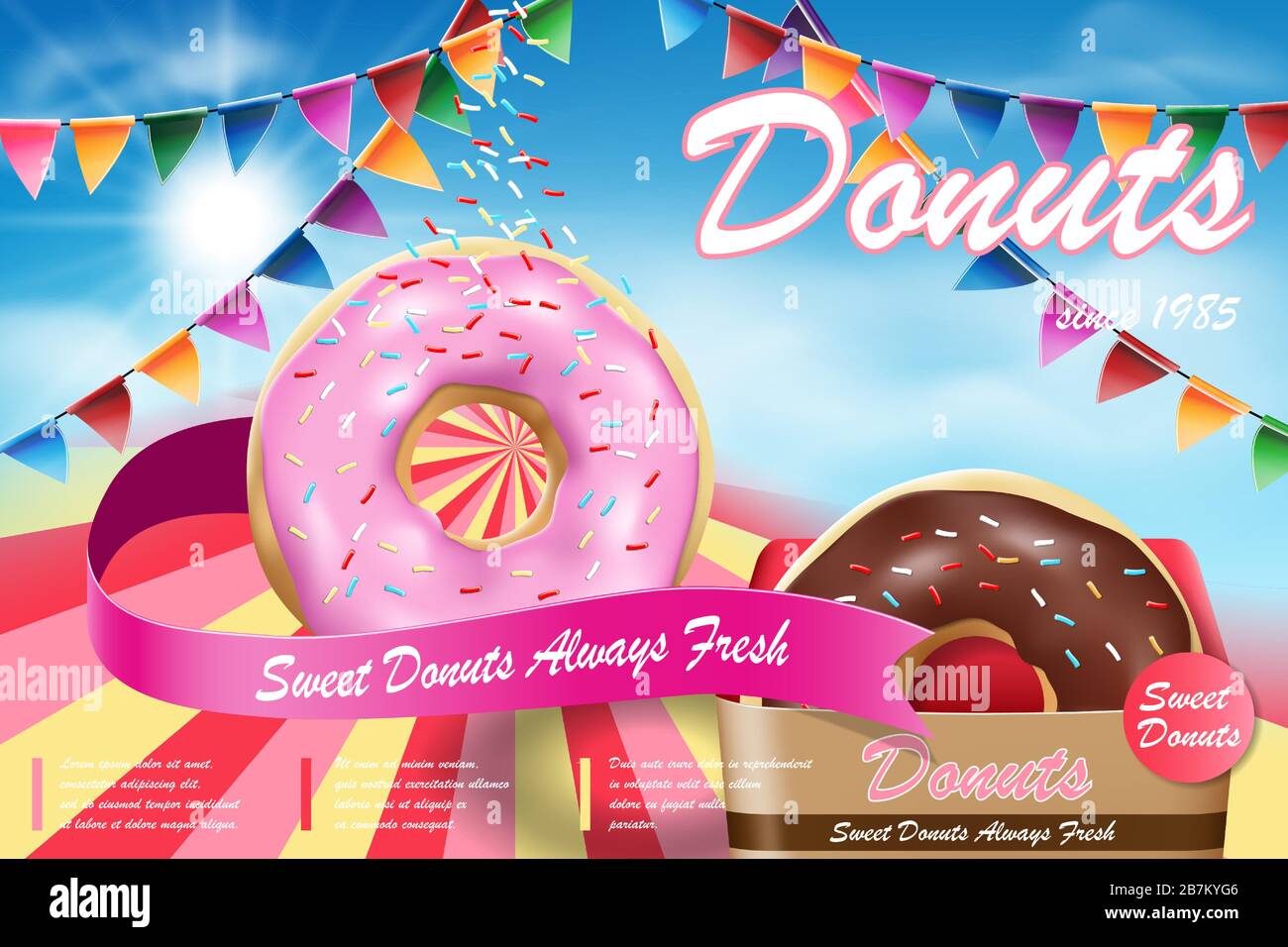 Delicious donut ads with flying flavor. Strawberry and chocolate donuts ...