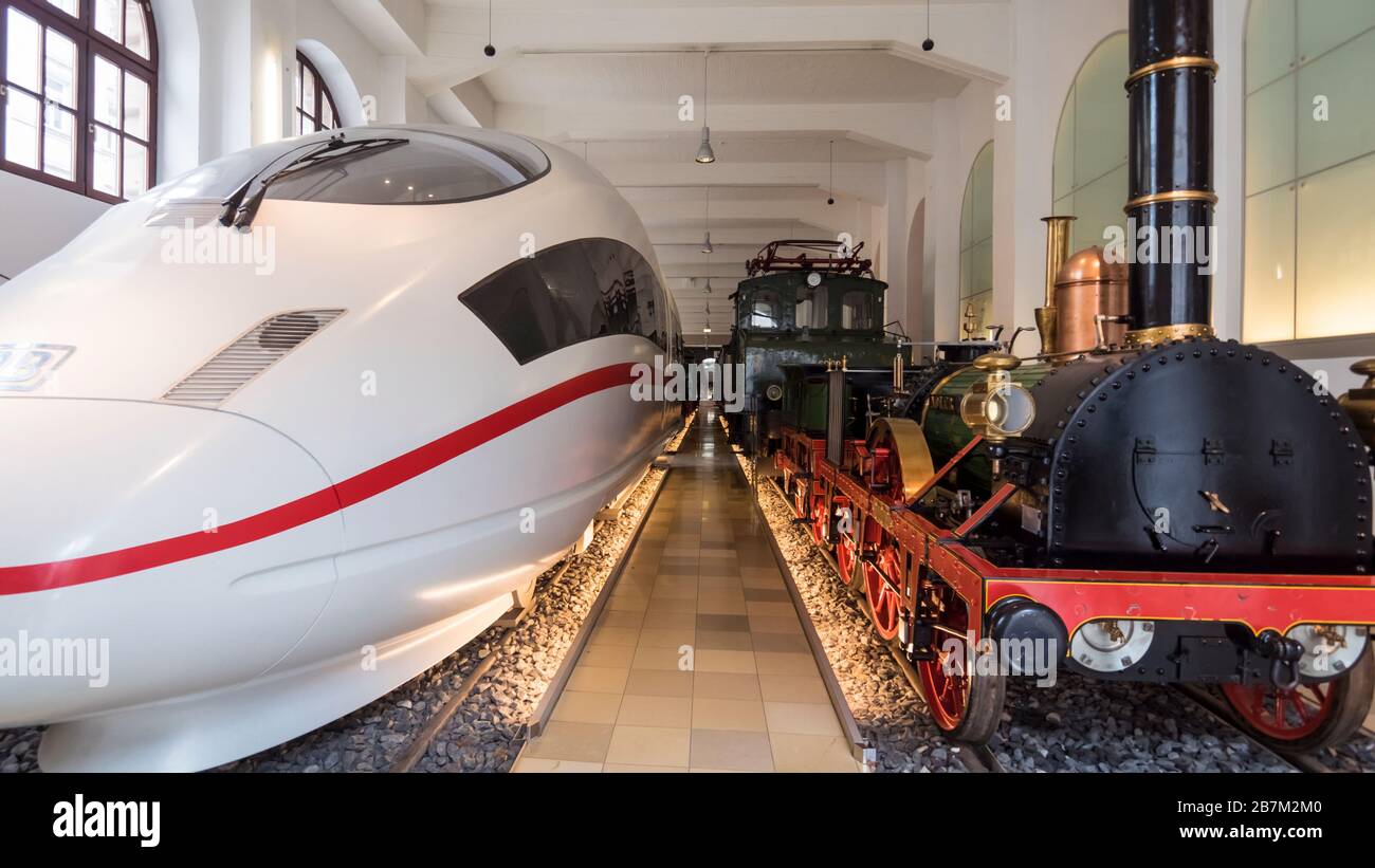Nuremberg 2019. Trains from various eras displayed in the Museum of ...