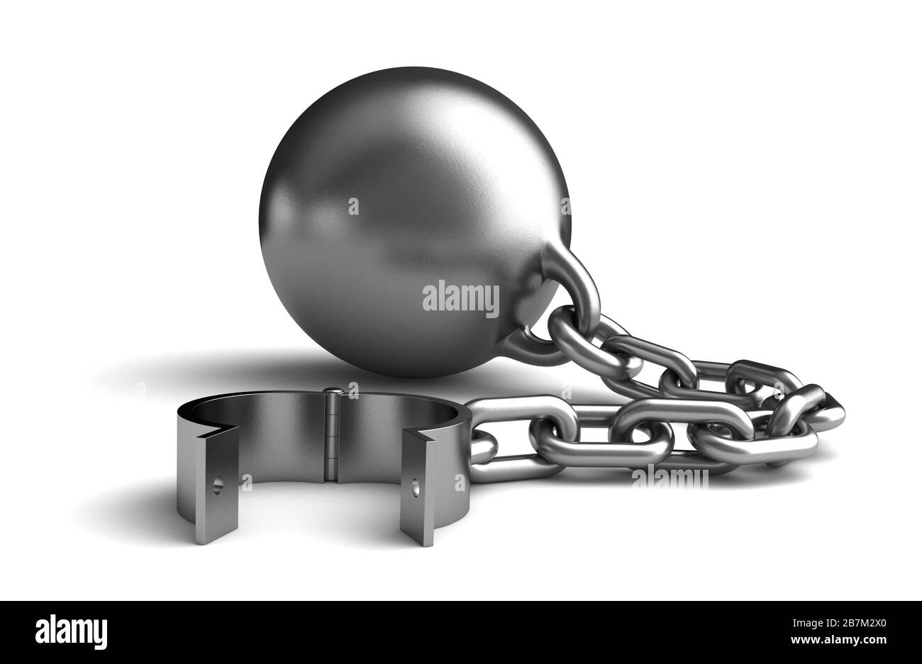 3d render of a vintage metalic ball and chain with an open shackle over ...