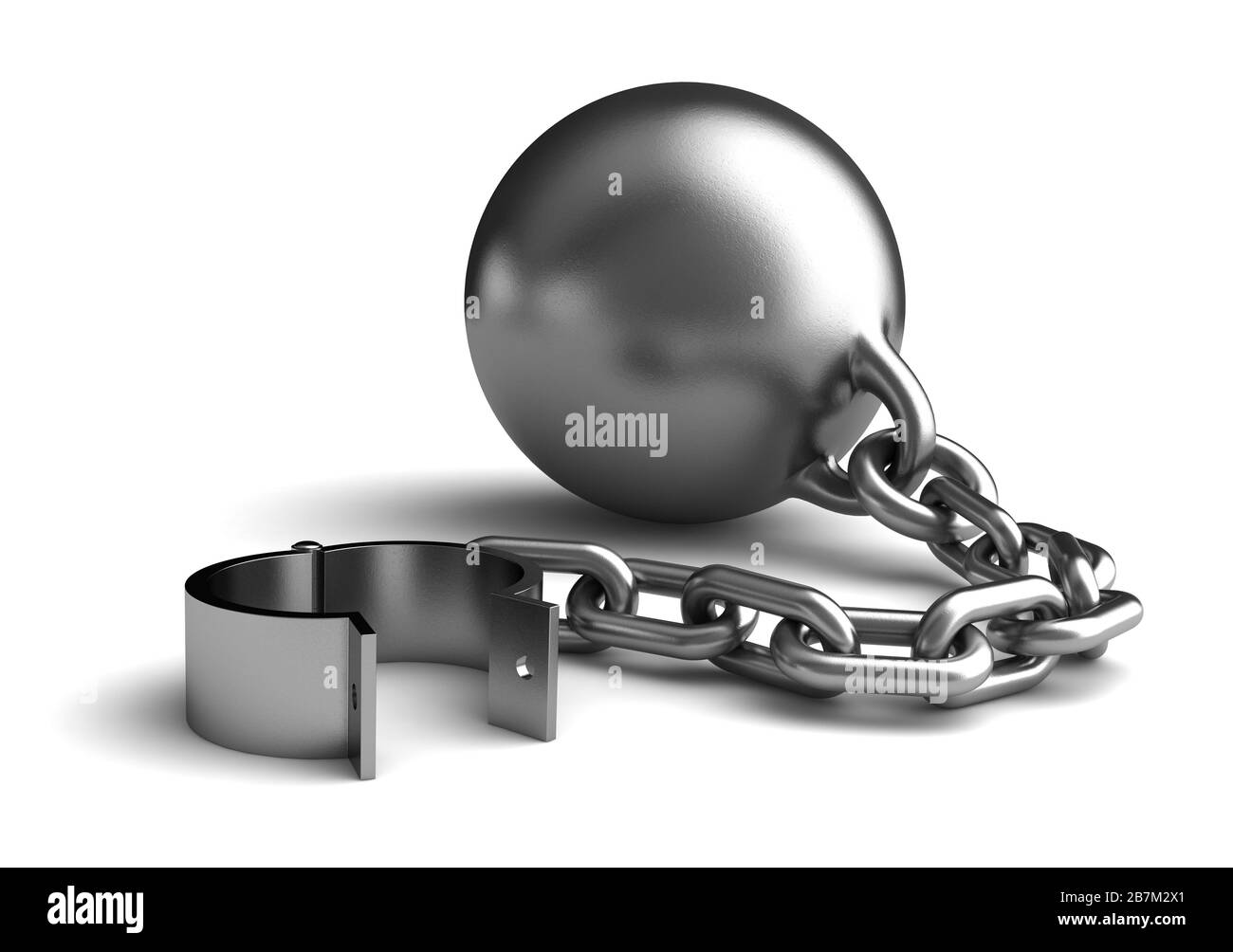 3d render of a vintage metalic ball and chain with an open shackle over ...