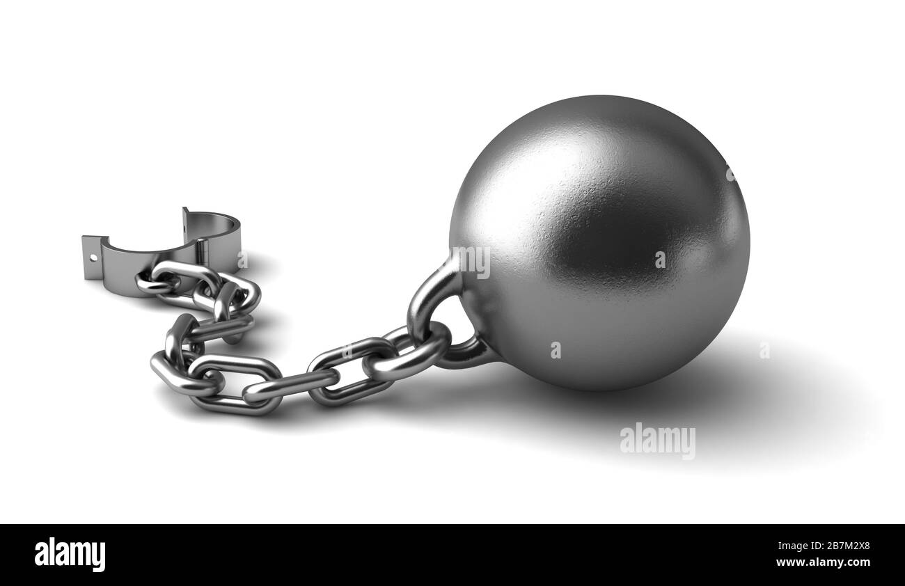 3d render of a vintage metalic ball and chain with an open shackle over ...