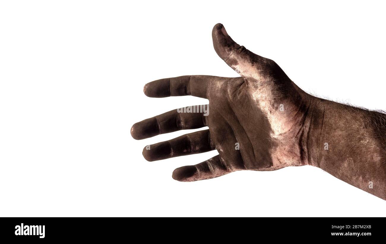 male chimney sweep's hand in black soot close up isolated on a white ...