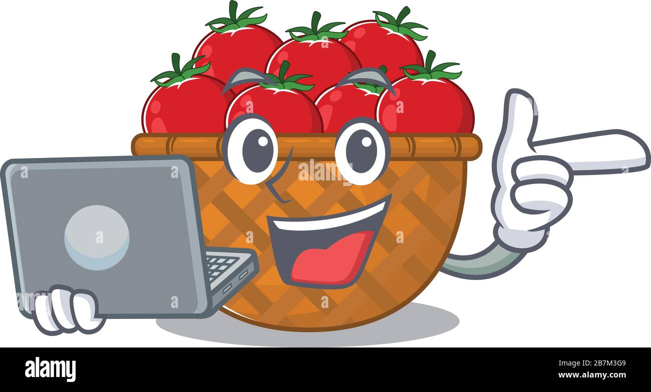 An icon of smart tomato basket working with laptop Stock Vector Image ...