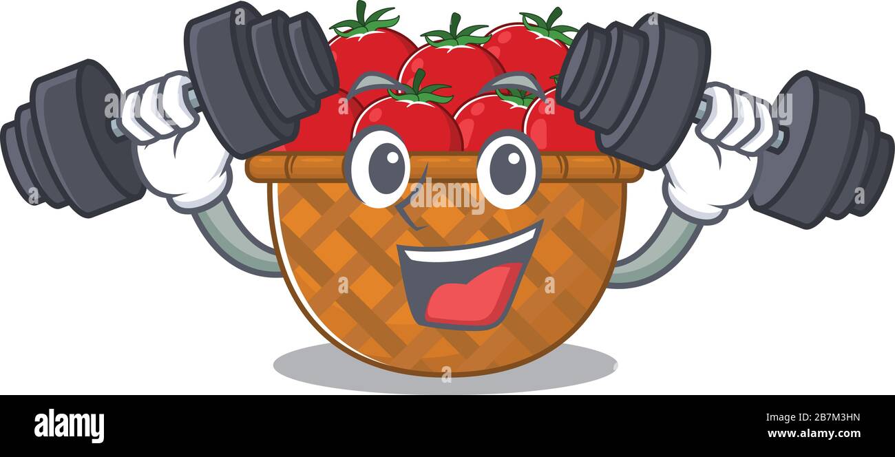 Smiley Fitness exercise tomato basket cartoon character raising ...