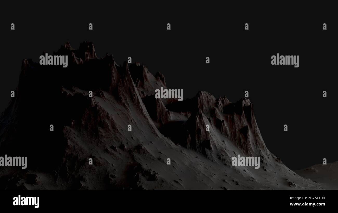 Dark landscape with mountains covered by haze or fog. 3D rendering ...
