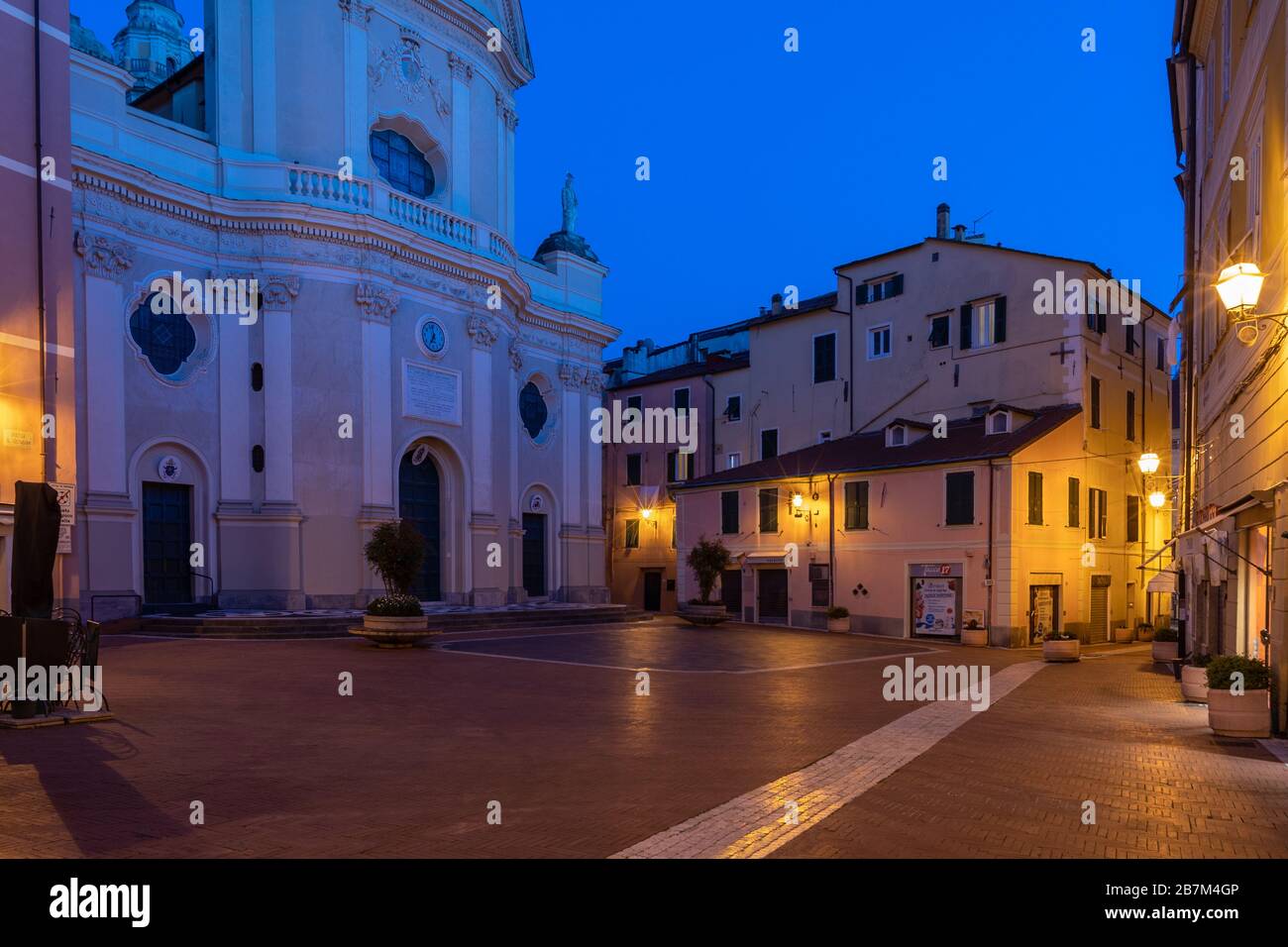 Night scene in the old town of Imperia, seaside city on the Italian ...