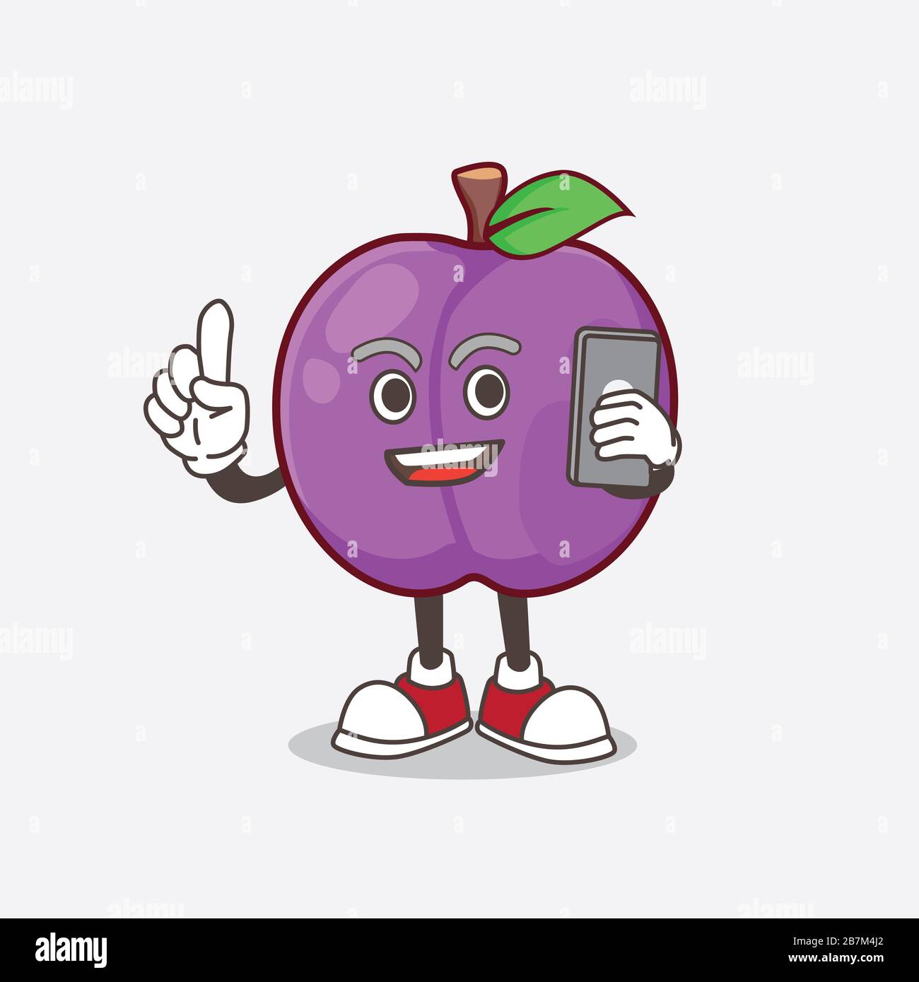 A picture of Plum Fruit cartoon mascot character speaking on the phone ...
