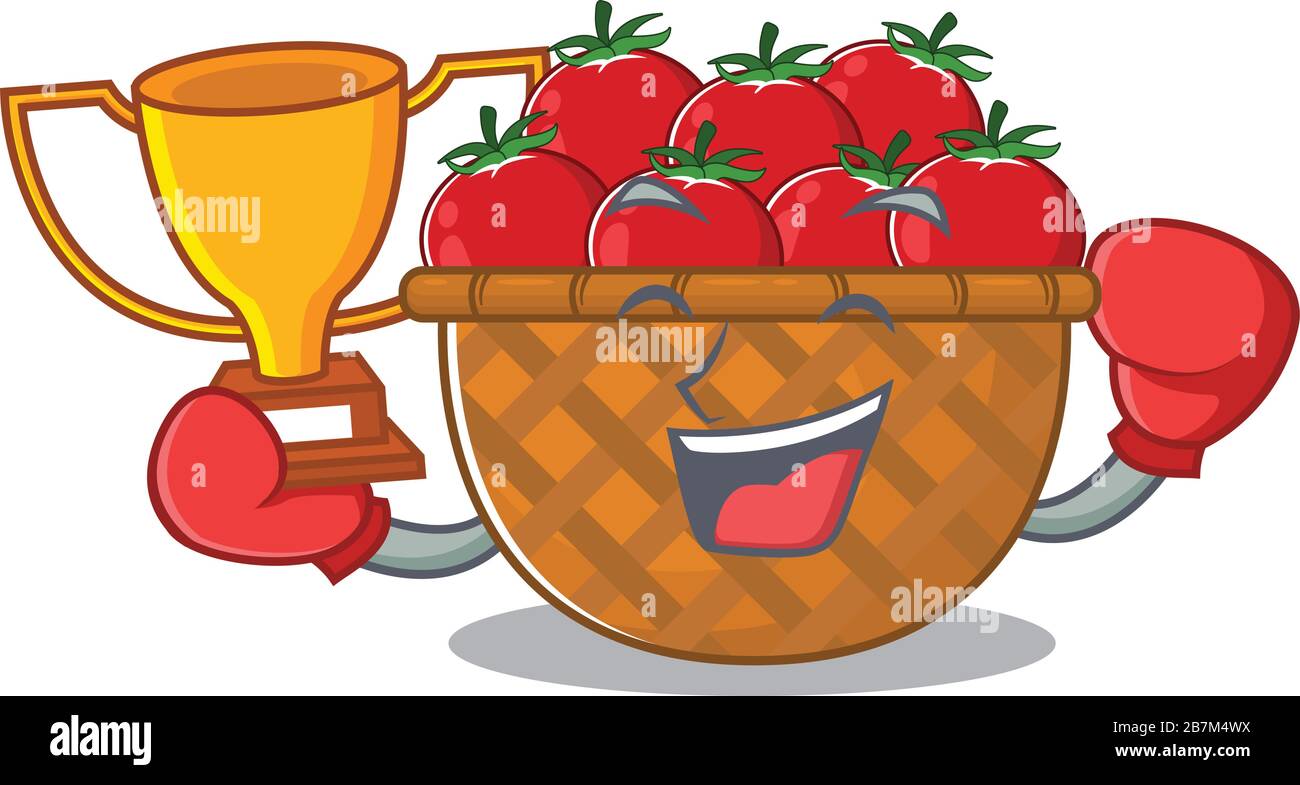 Happy face of boxing winner tomato basket in mascot design style Stock ...