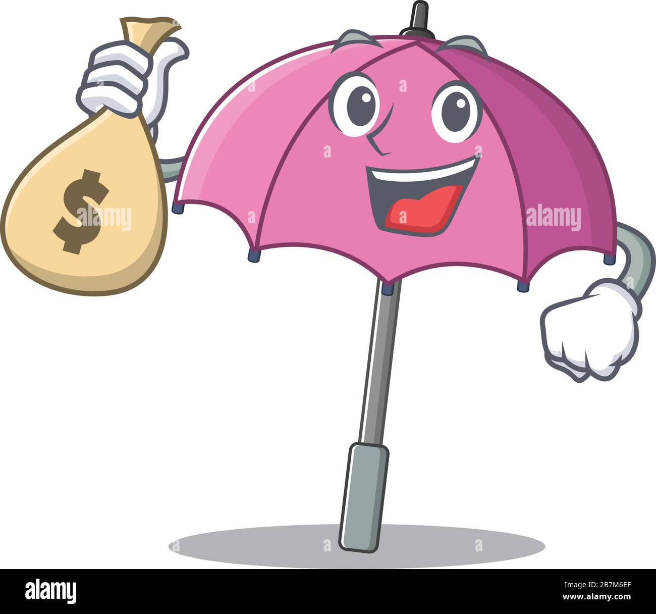 Smiley rich pink umbrella cartoon character bring money bags Stock ...