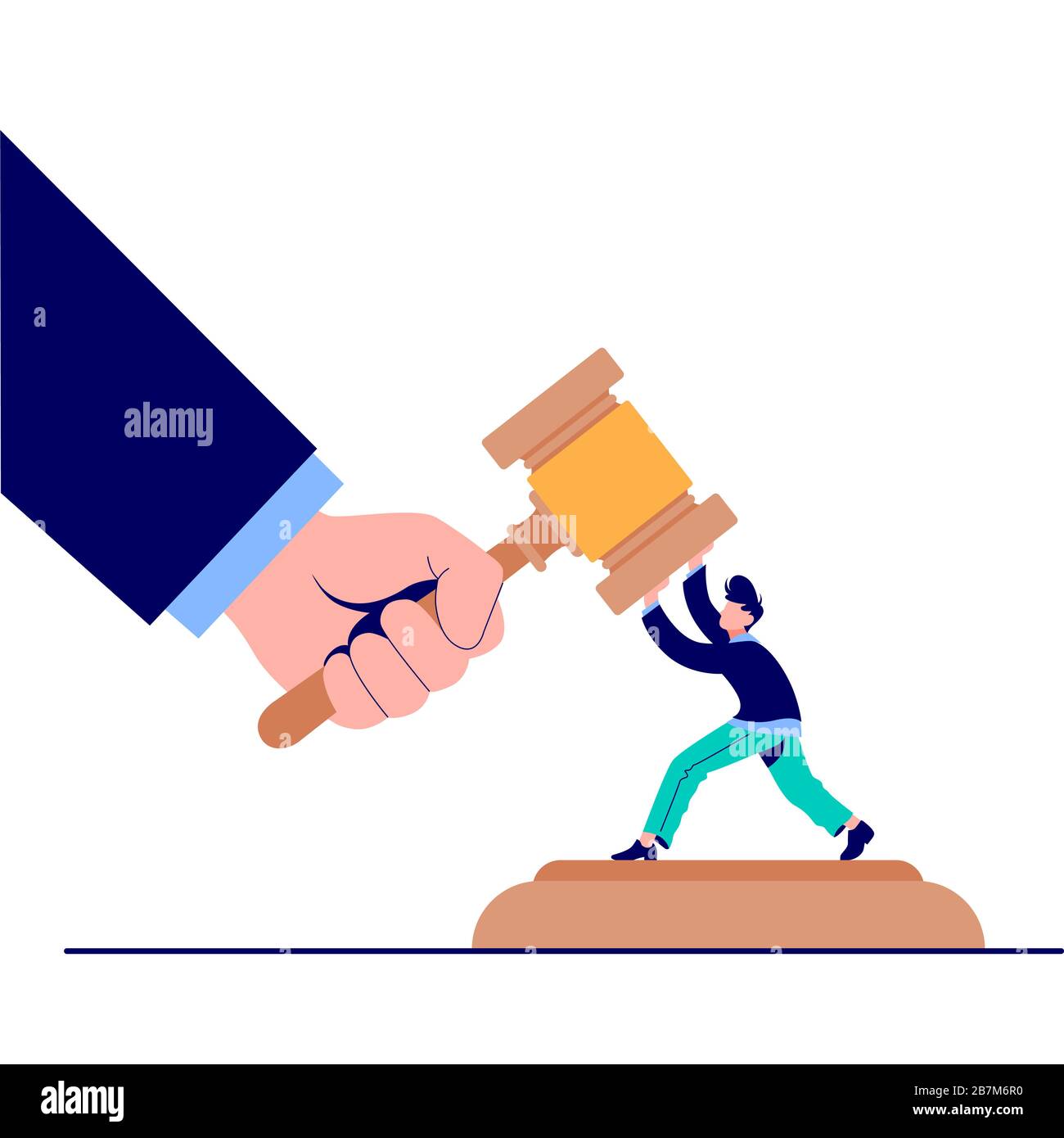 Cartoon tiny man trying stopped huge hand hit by gavel vector flat ...