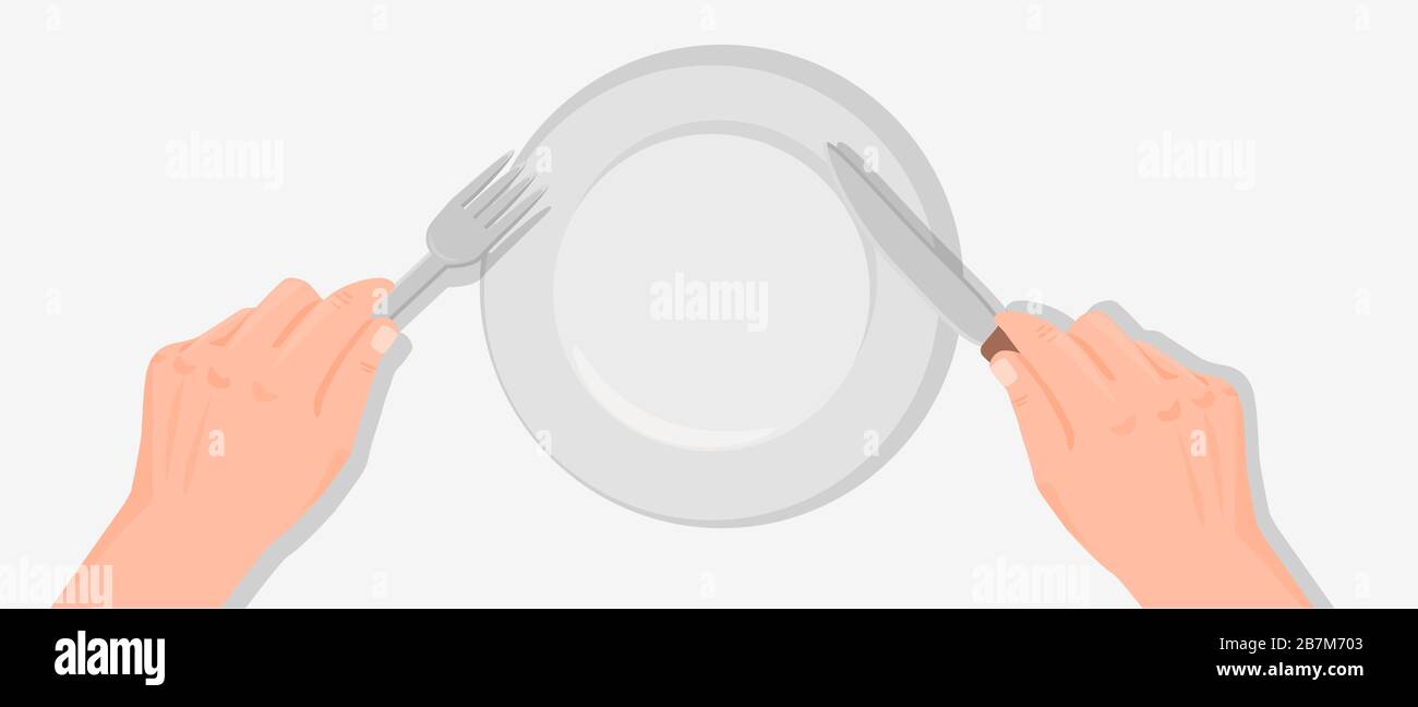 Cartoon male hands empty plate eat template top view isolated on white ...