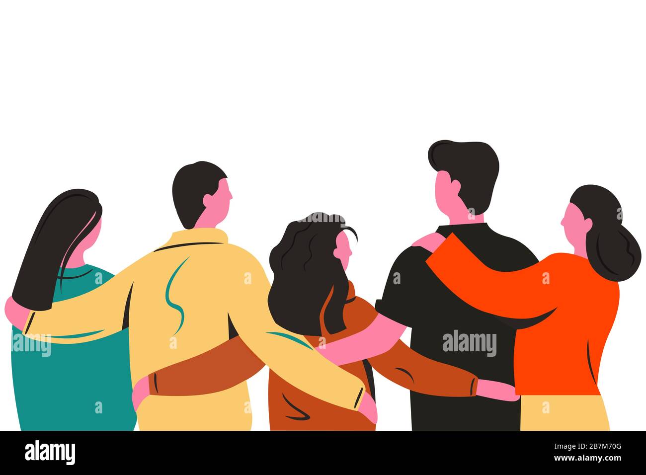 Group of cartoon friends standing and hugging together back view vector ...