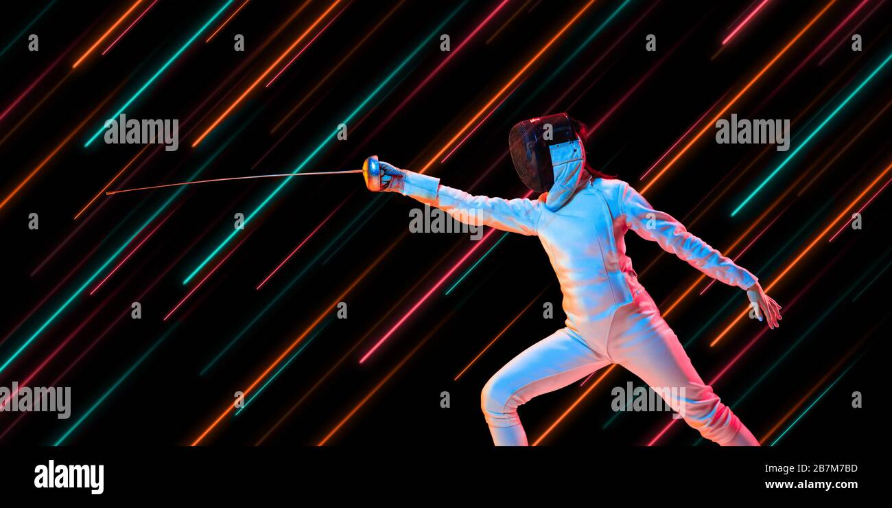 Creative sport and neon lines on dark background, flyer, proposal ...